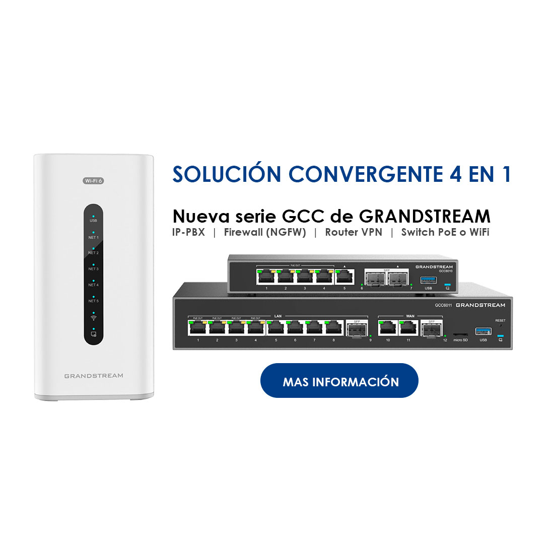 GCC de Grandstream, IP-PBX con Firewall, Switch PoE y Router